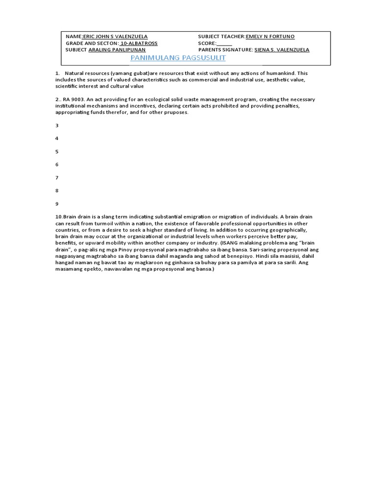 Grade 10 - AP Pre Test | PDF