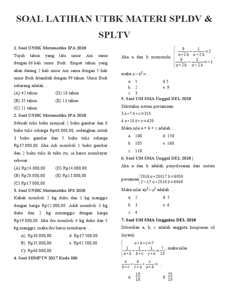Soal Latihan Utbk Materi SPLDV | PDF