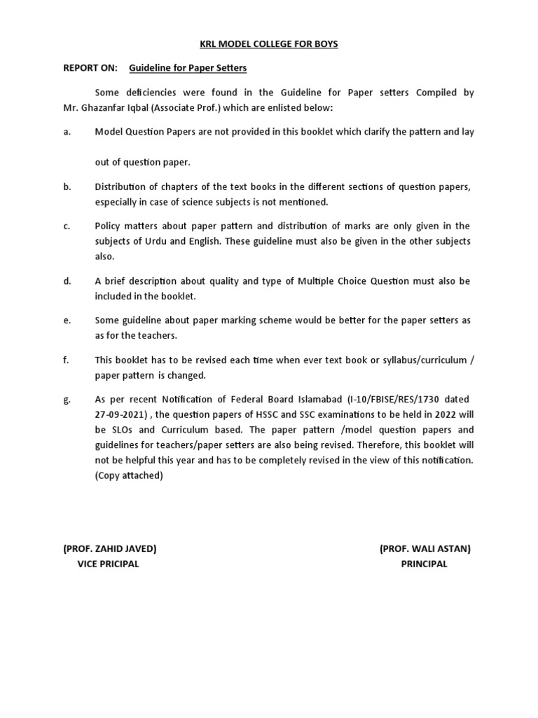 KRL Model College For Boys REPORT ON: Guideline For Paper Setters | PDF ...