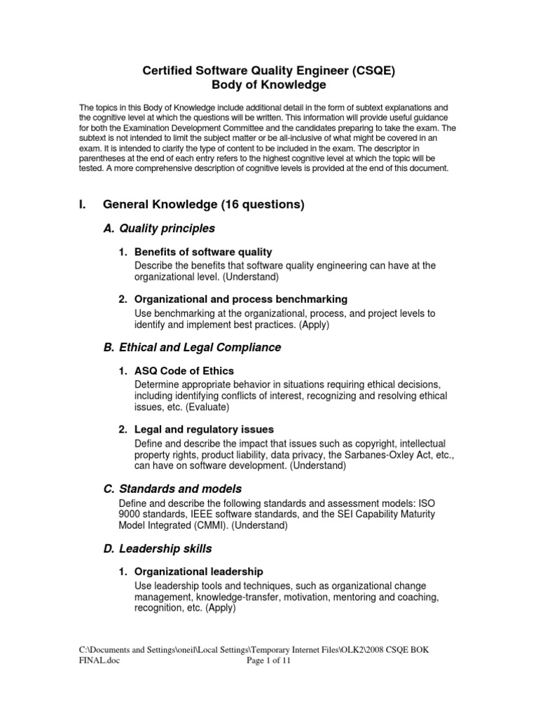 Certified Software Quality Engineer (CSQE) Body of Knowledge | PDF ...