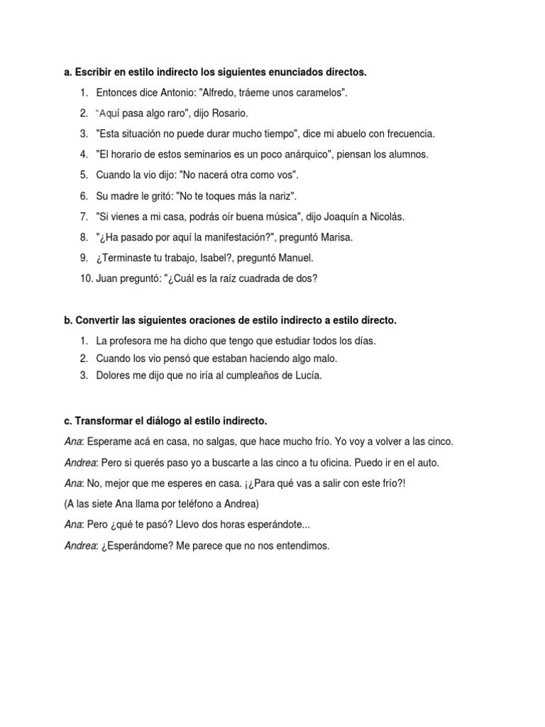 Ejercicios Estilo Directo Indirecto | PDF | Novela negra, policíaca y ...