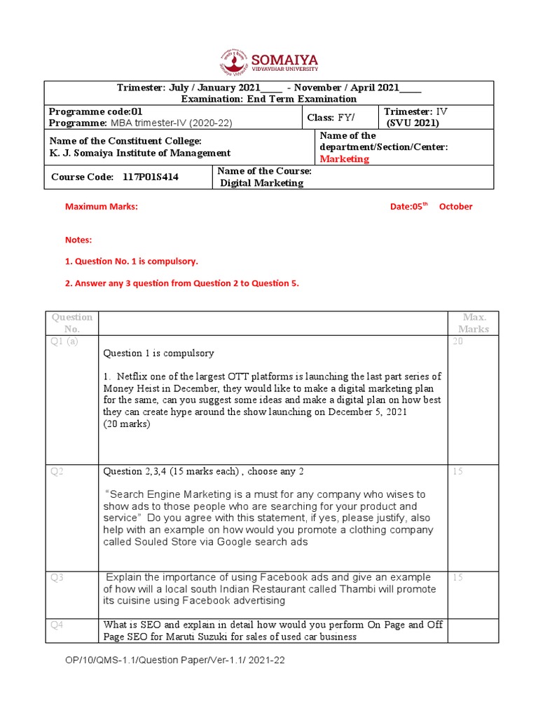 MBA Digital Marketing Exam Questions | PDF | World Wide Web | Internet ...