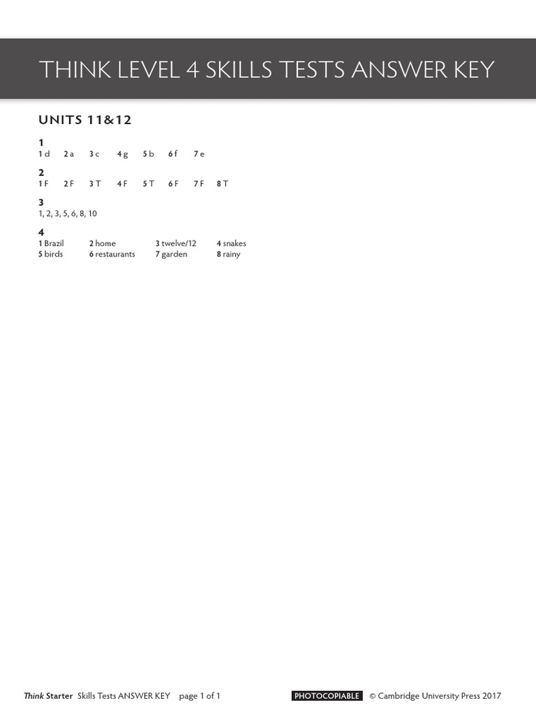 Think Starter Skills Test Key Units 11&12 | PDF
