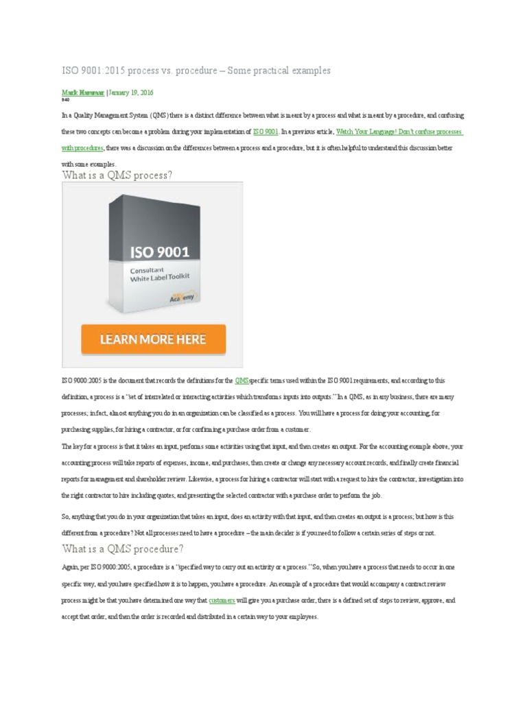 ISO 9001-2015 Process vs. Procedure - Some Practical Examples | PDF ...