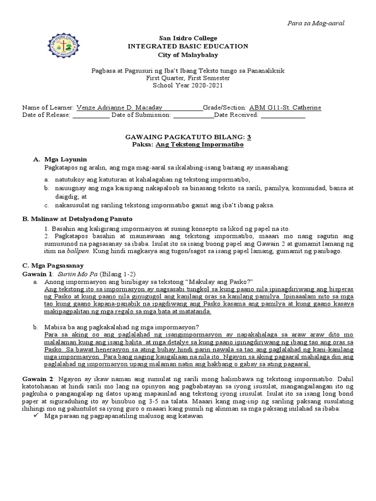 Learning Activity Sheet No. 3 Pagbasa at Pagsulat | PDF