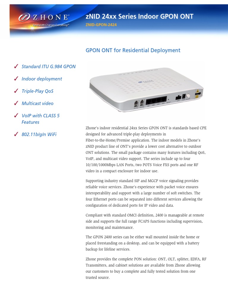 zNID 24xx Series Indoor GPON ONT | PDF | Voice Over Ip | Electronics