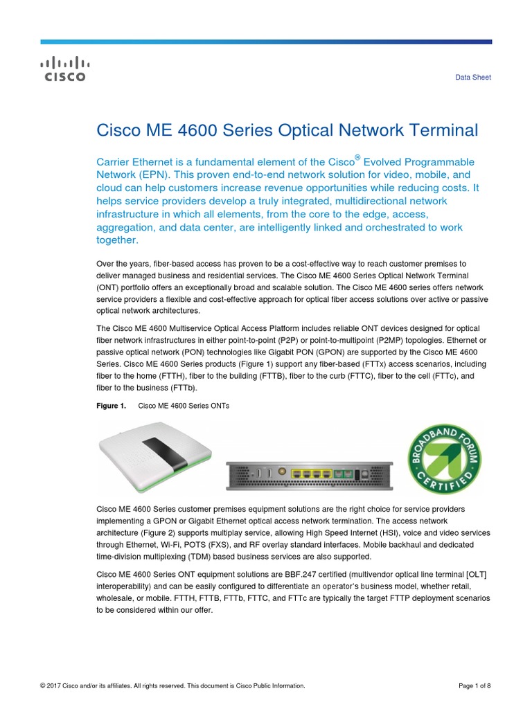 Cisco ME 4600 Series Optical Network Terminal: Data Sheet | PDF | Fiber ...