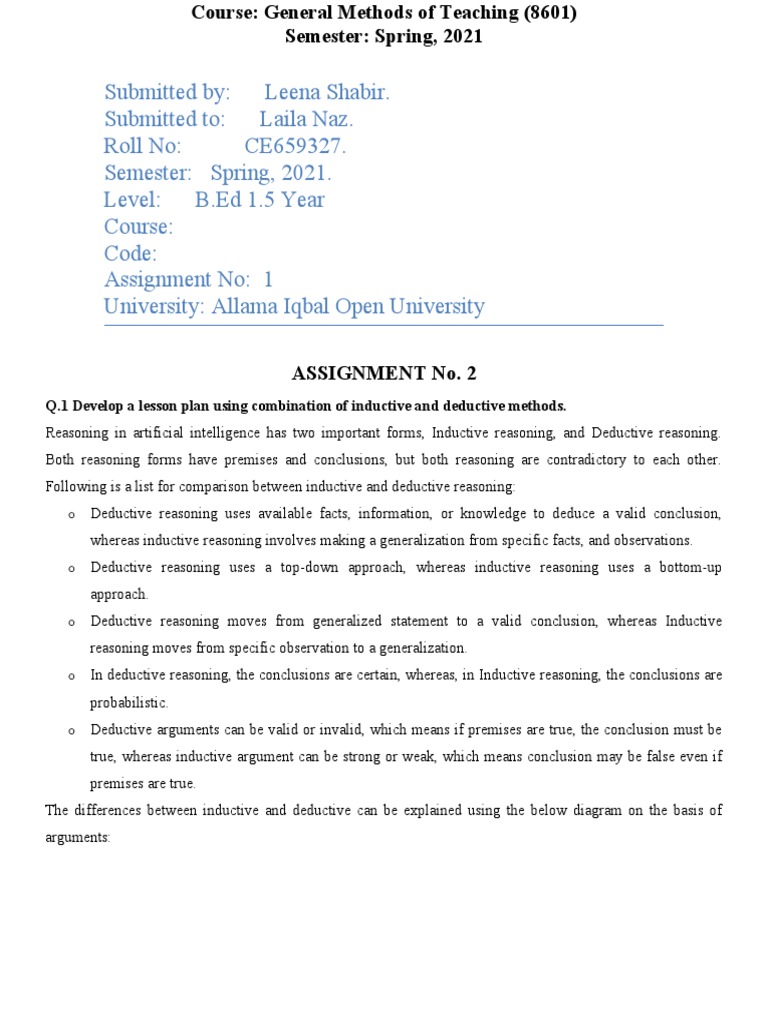 Q.1 Develop A Lesson Plan Using Combination of Inductive and Deductive ...