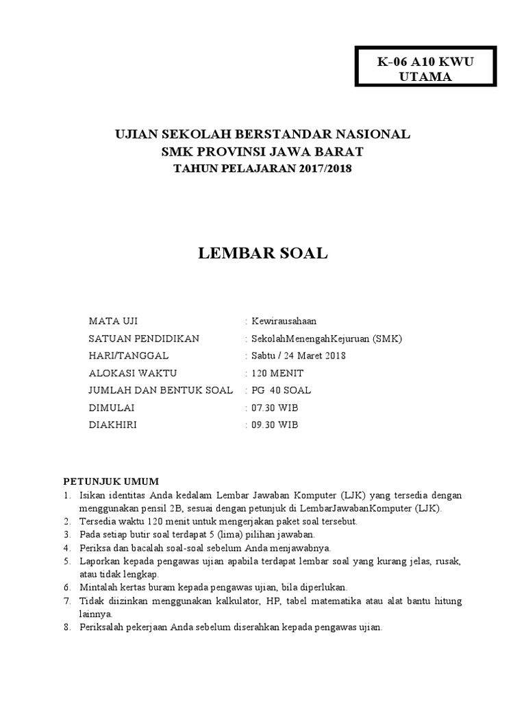 Lembar Soal: K-06 A10 KWU Utama | PDF