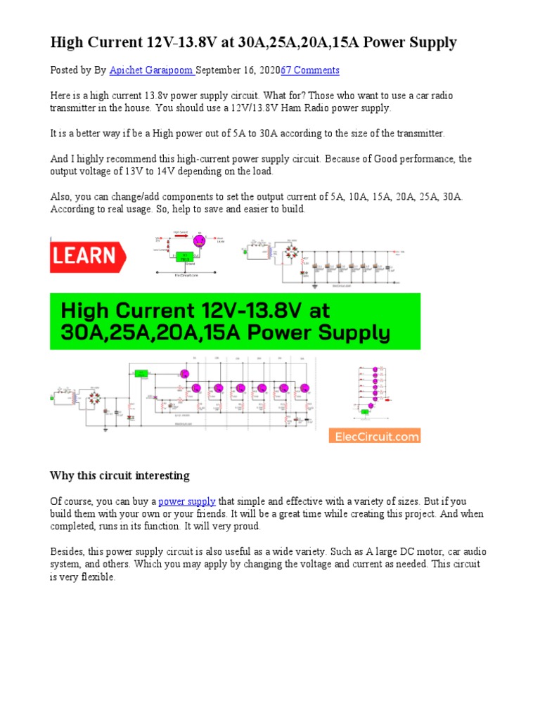 Build a High Current 12V-13.8V Power Supply up to 30A | PDF | Power ...