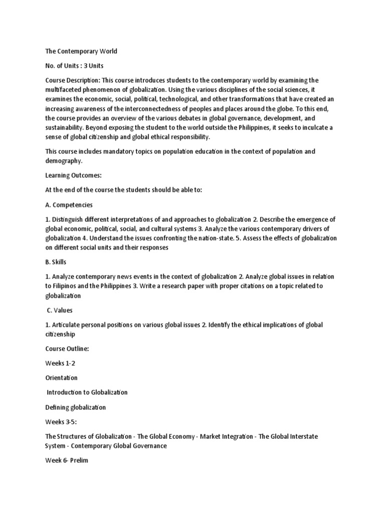 The Contemporary World COURSE OUTLINE | PDF