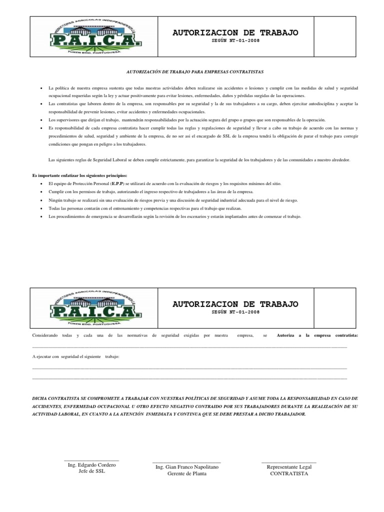 Autorizacion Empresas Contratistas | PDF | Seguridad y salud ocupacional