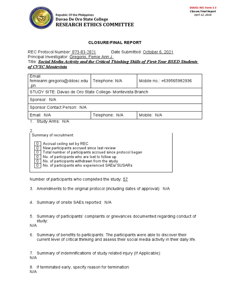 REC Form 3.3 Closure or Final Report Form | PDF