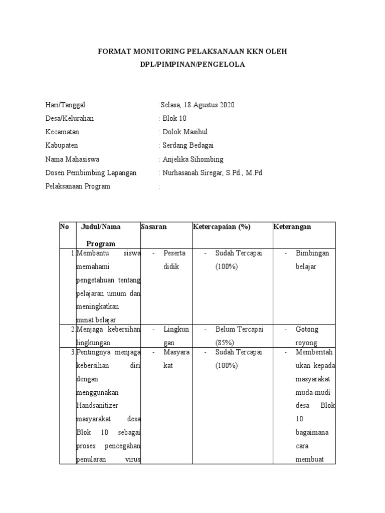 Format Monitoring Pelaksanaan KKN Oleh DPL | PDF