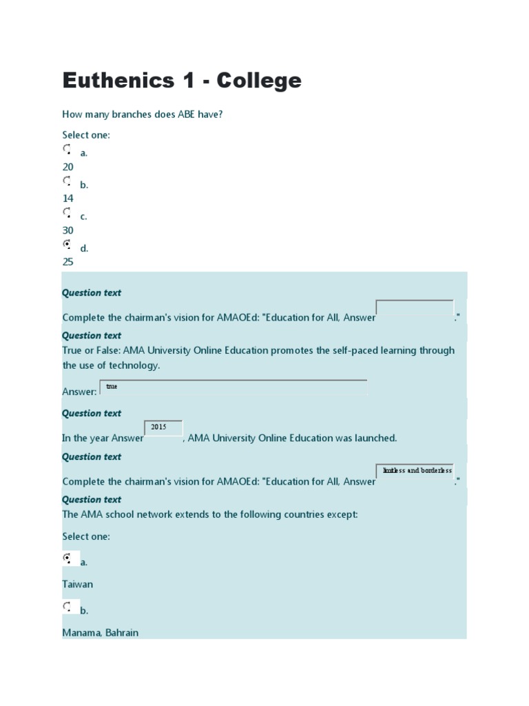 Euthenics 1 - College: Question Text | PDF