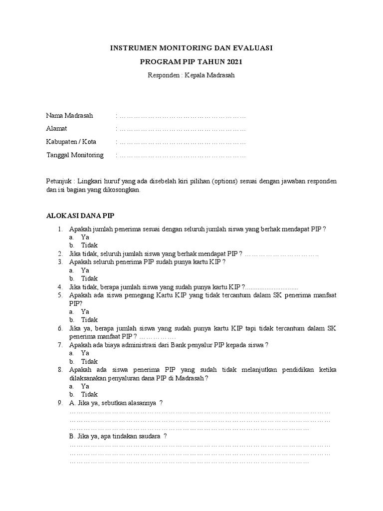 Instrumen Monev - PIP - 2021 - Madrasah | PDF