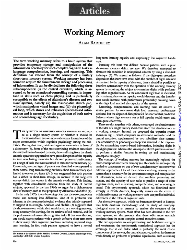 Baddeley.1992 Working Memory | PDF | Working Memory | Memory