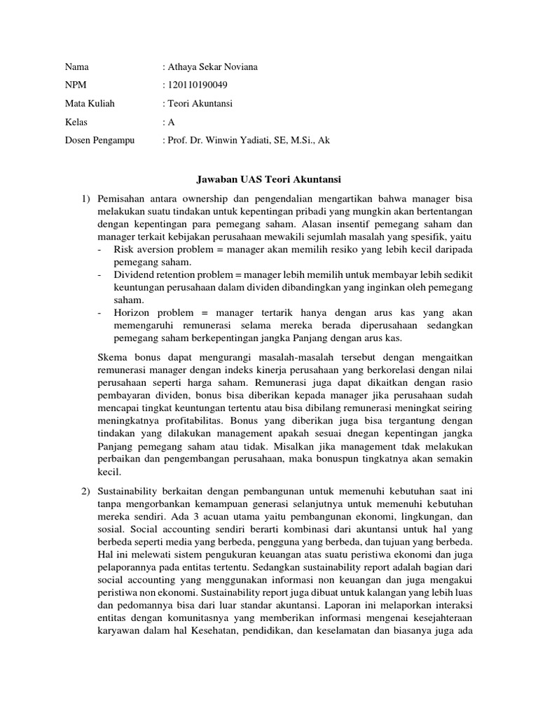 Jawaban Uas Teori Akuntansi - Athaya Sekar Noviana - 120110190049 | PDF