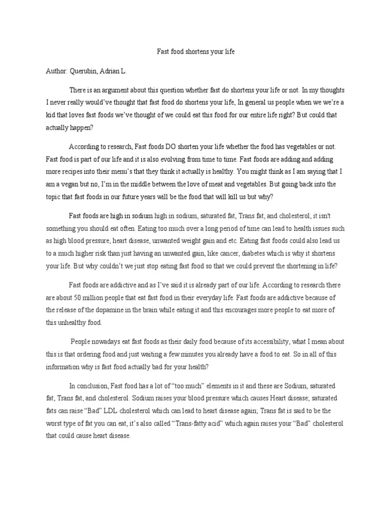 Fast Food Persuasive Essay | PDF | Fat | Diet & Nutrition
