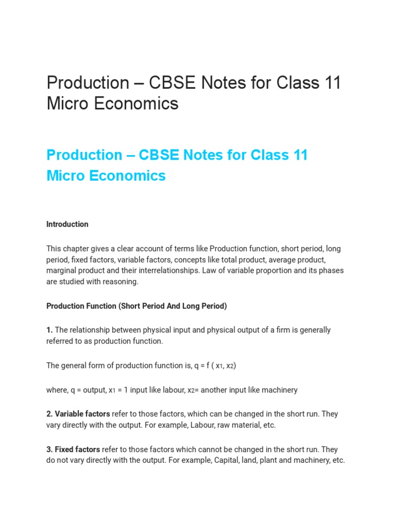 Production - CBSE Notes For Class 12 Micro Economics | PDF | Production ...