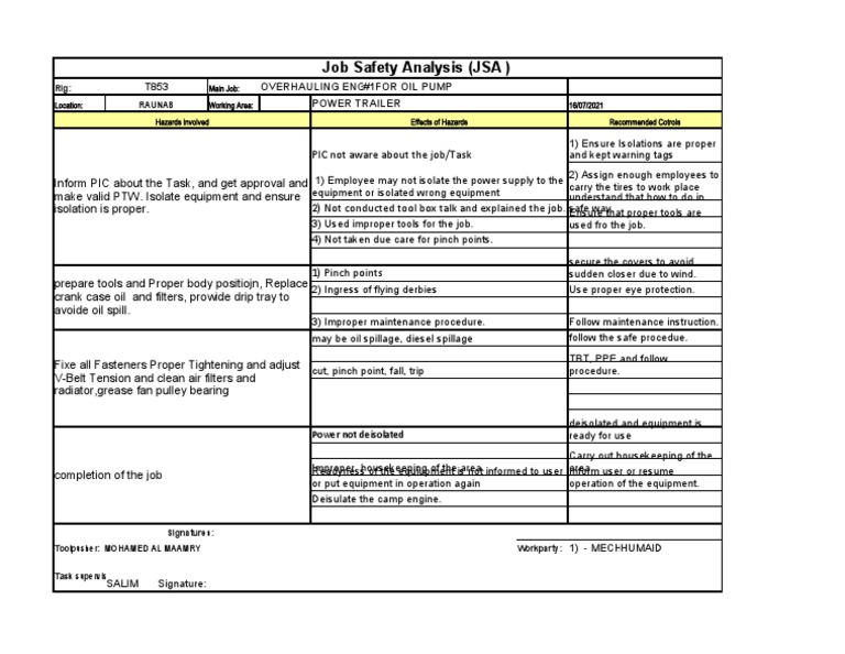 Jsa Rig Engine Service 750 HRS | PDF | Occupational Safety And Health ...