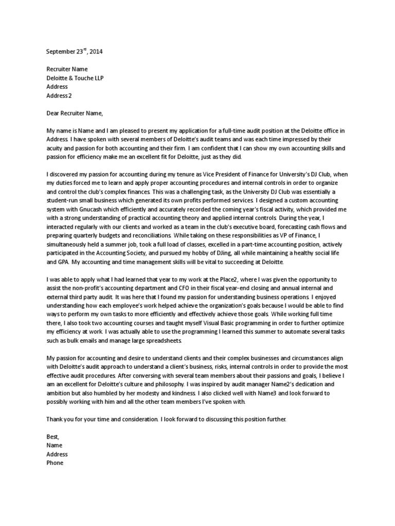 SU14 Deloitte Cover Letter Review | PDF | Accounting | Economies