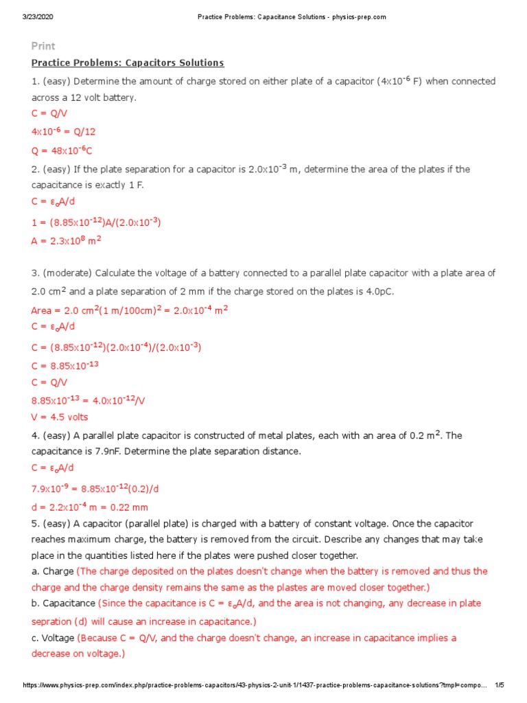 Print: Practice Problems: Capacitors Solutions | PDF | Capacitor ...