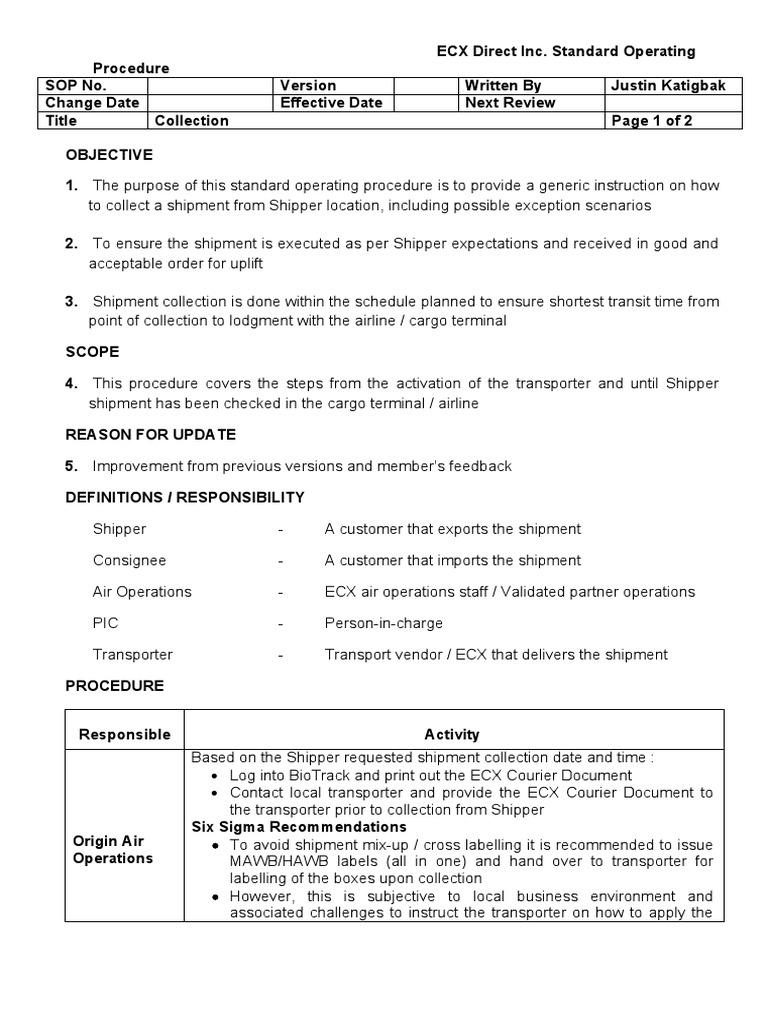 Standard Operating Procedure for the Collection of Shipments by ECX ...