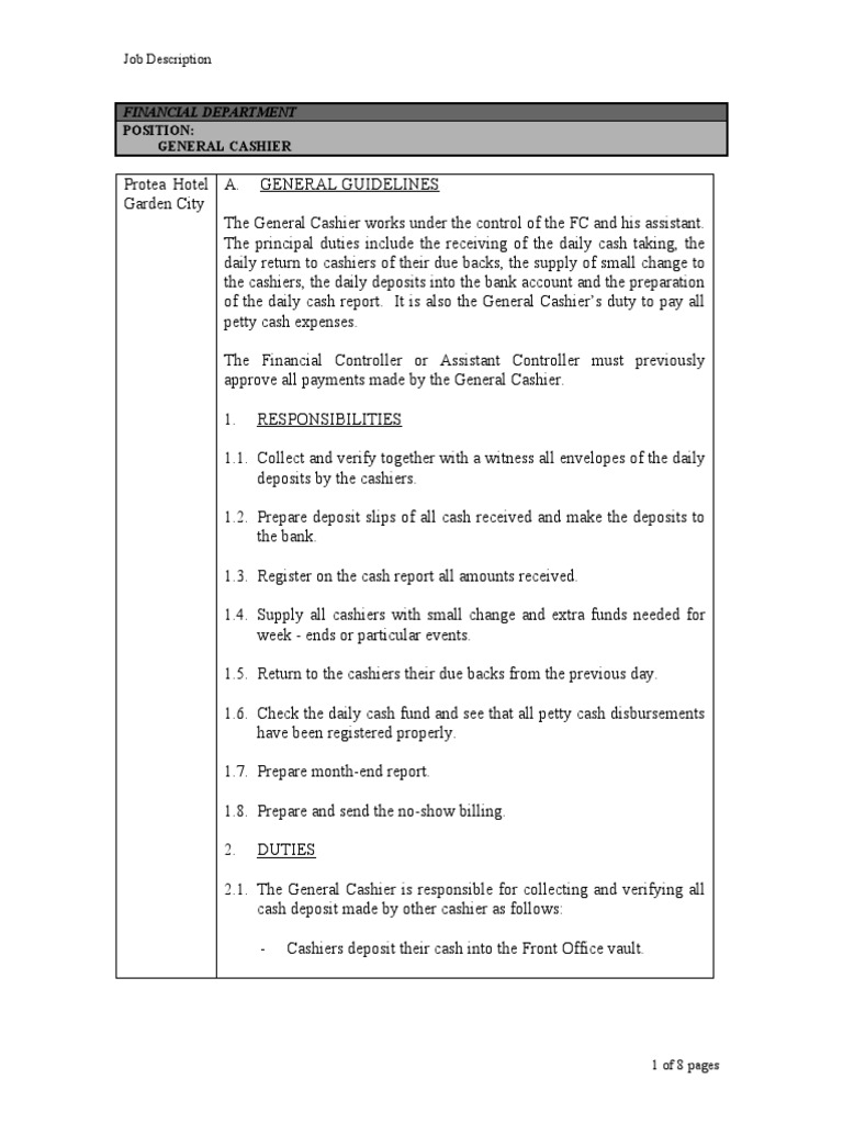 General Cashier Job Responsibilities | PDF | Banks | Cashier