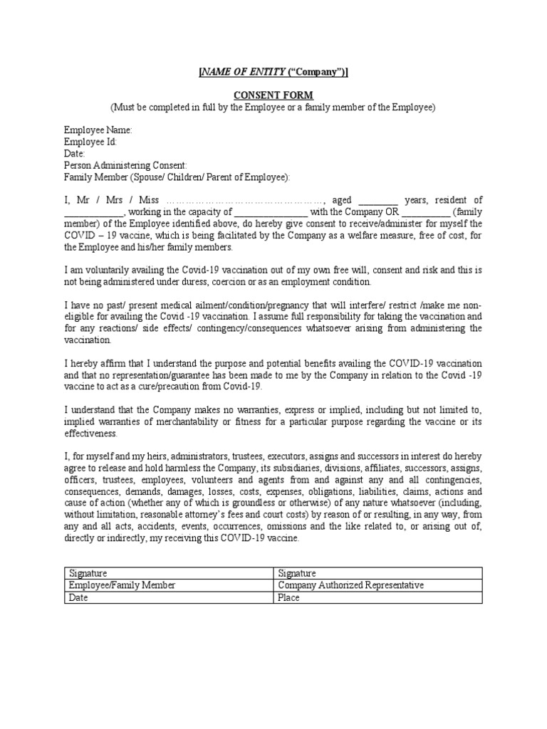 Draft - Employee Consent Form For Vaccination | PDF | Consent | Employment