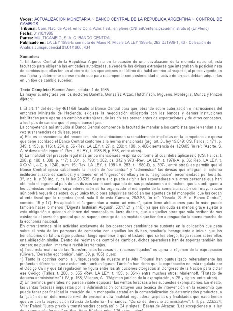 Fallo Multicambio C BCRA - Plenario | PDF | Bancos centrales | Moneda
