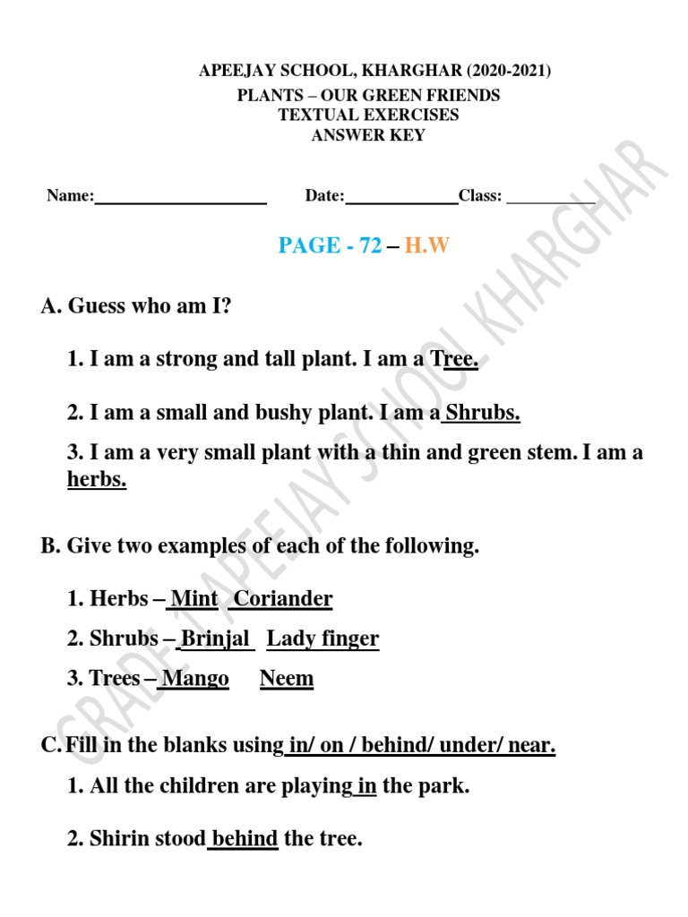 PAGE - 72: APEEJAY SCHOOL, KHARGHAR (2020-2021) Plants - Our Green Friends Textual Exercises ...