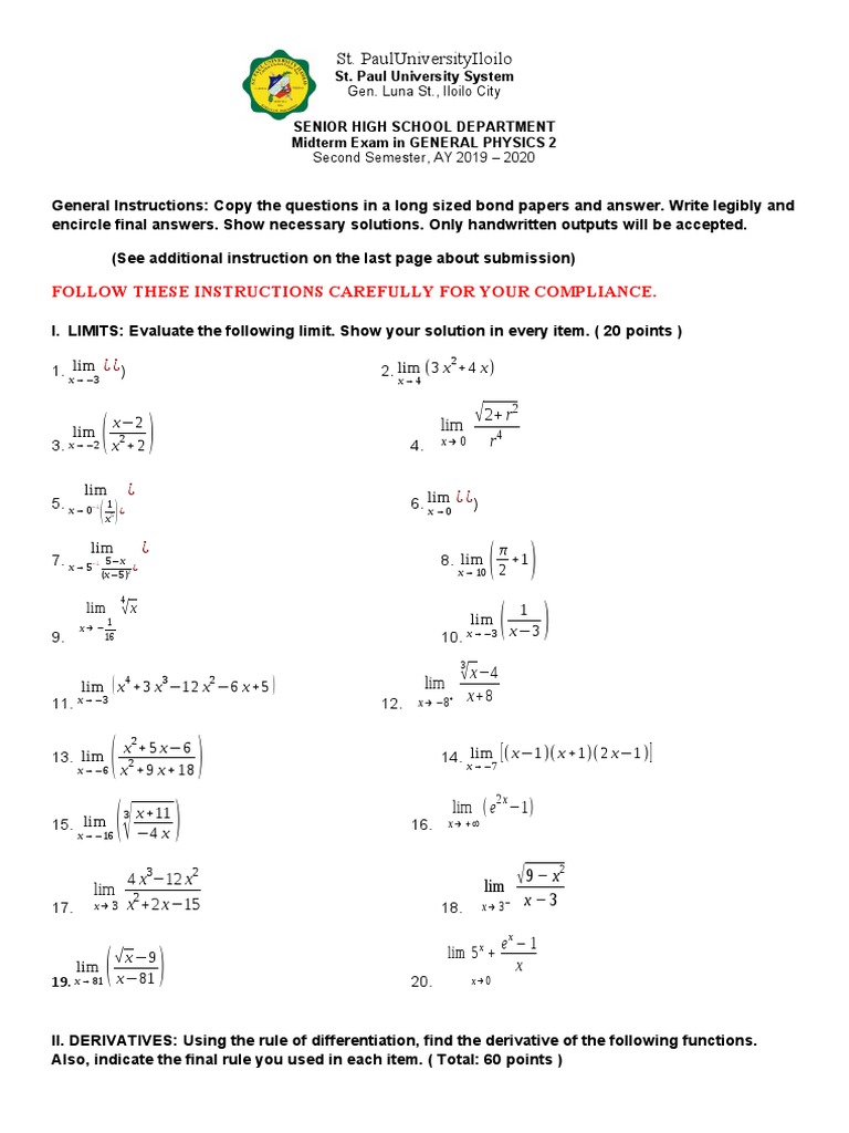 Basic Calculus Midterm Exam | PDF