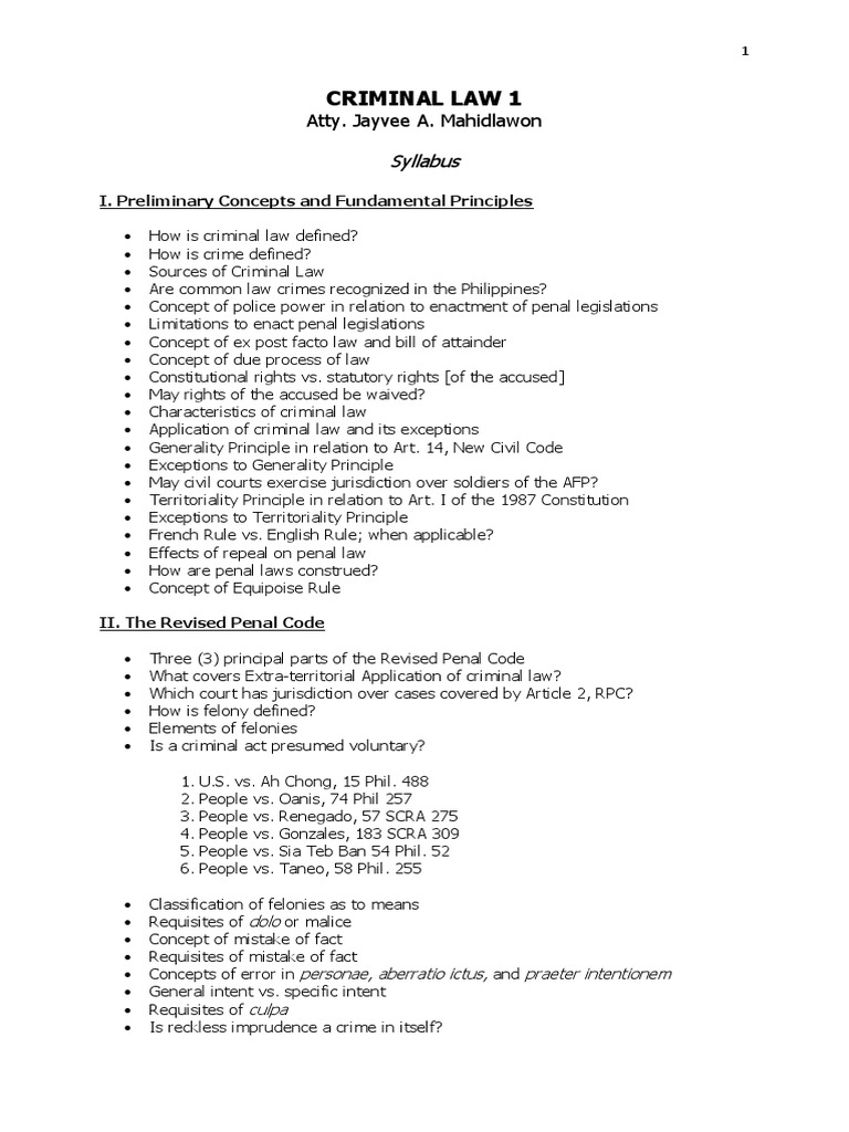 Crim Law 1 Syllabus 1 | PDF | Criminal Law | Crime & Violence