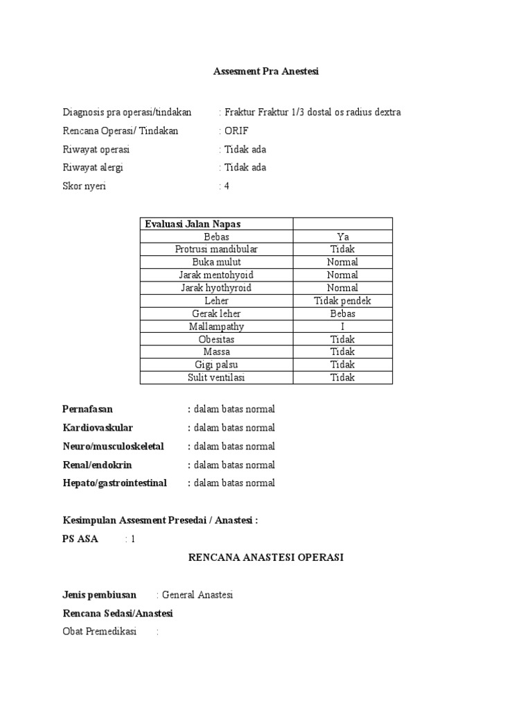 Assesment Pra Anestesi | PDF