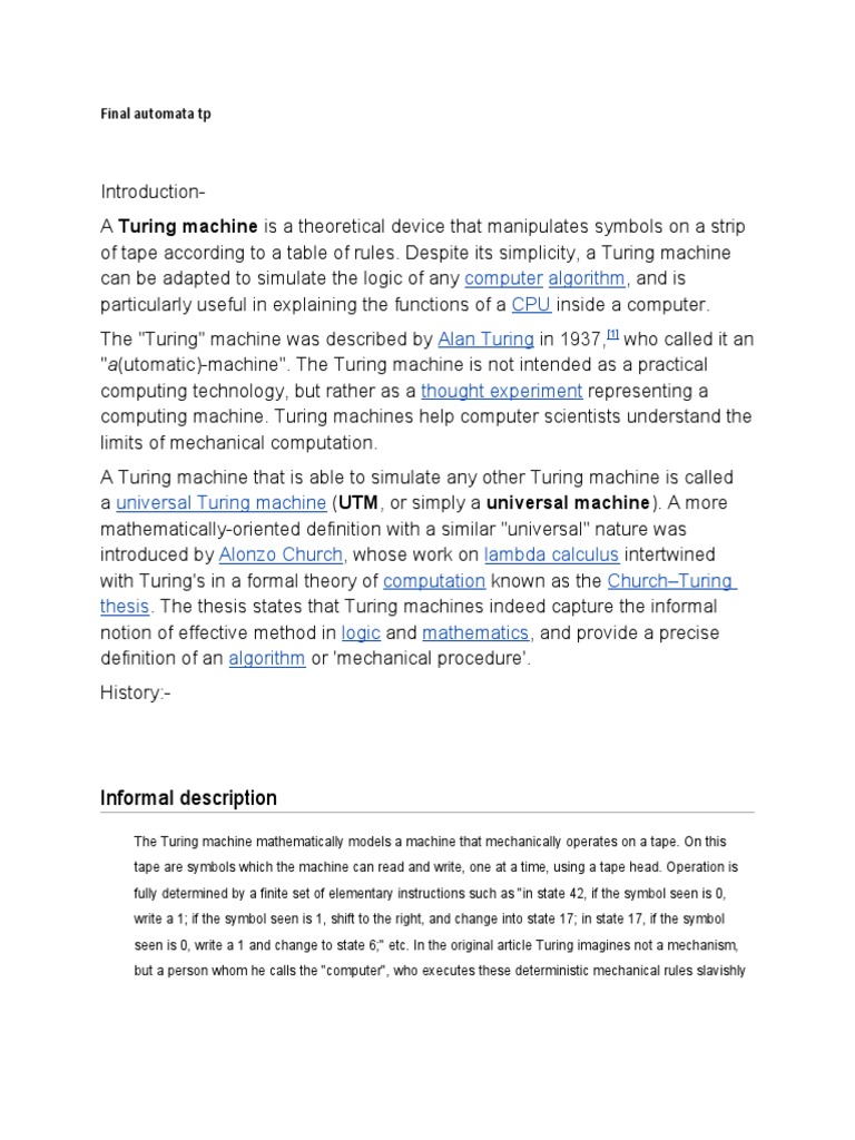 Computer Algorithm CPU Alan Turing Thought Experiment: Final Automata ...