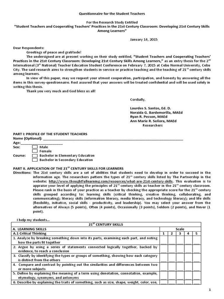 Student Teachers' 21st Century Skills Survey | PDF | Communication ...