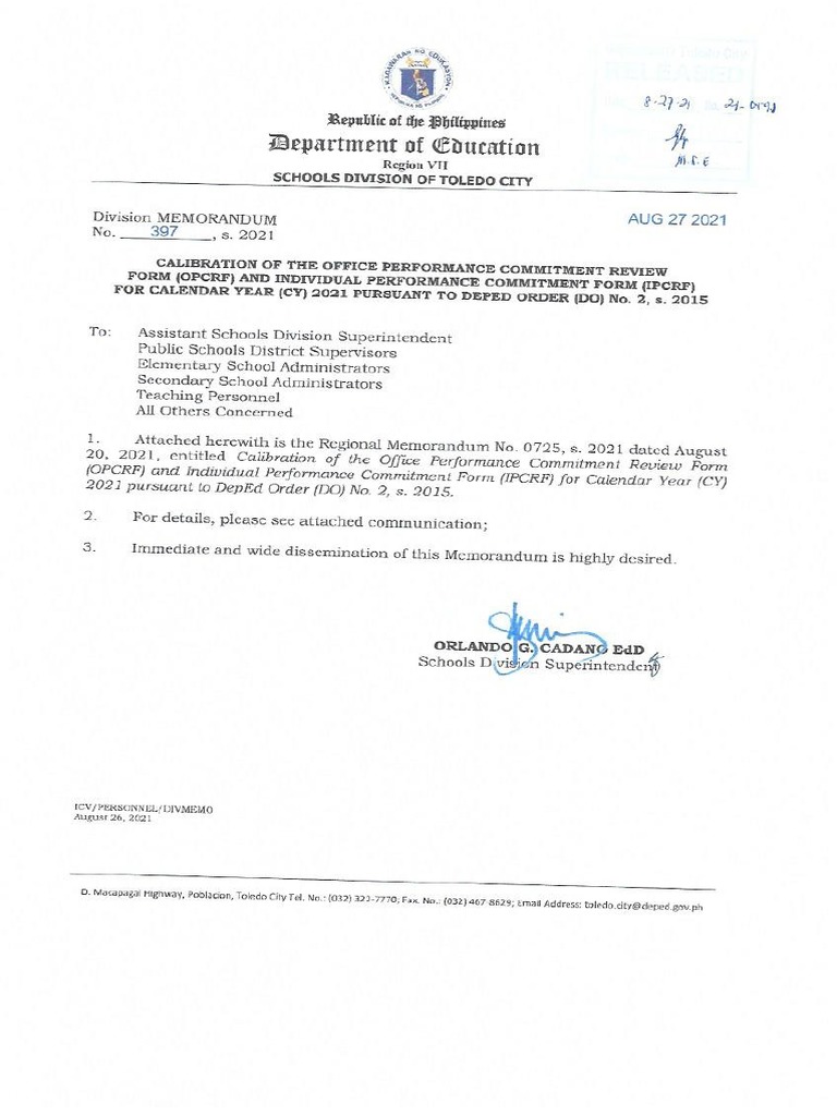 DM No. 397, s. 2021 – Calibration of the Office Performance Commitment ...