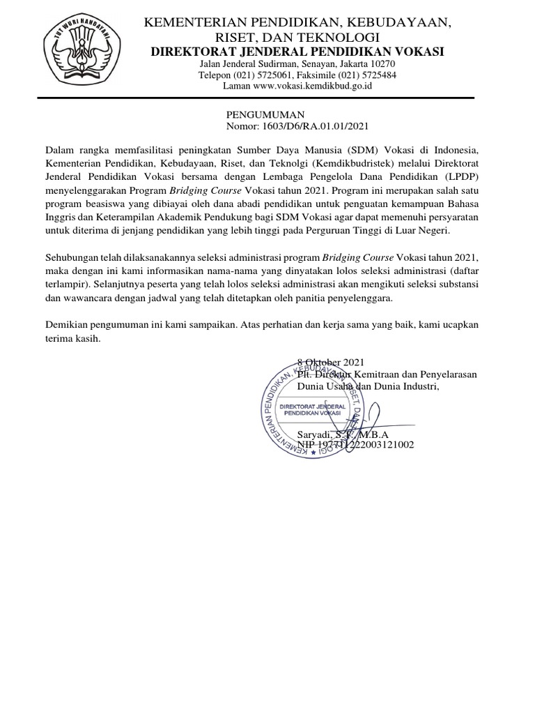 Pengumuman Seleksi Administrasi BCV Tahap 2 | PDF