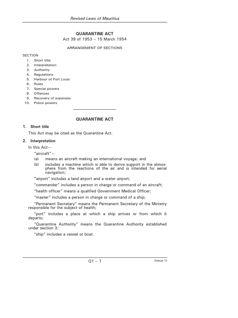 Quarantine Act, No. 39 of 1953 | Download Free PDF | Quarantine | Fine ...