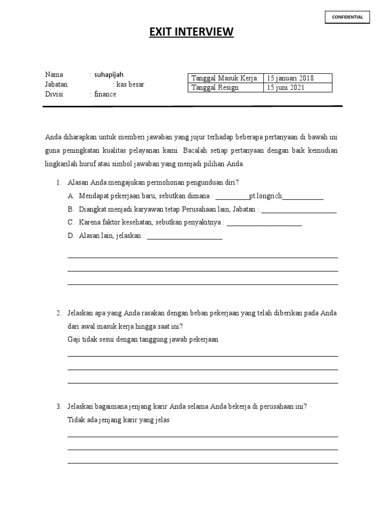 Formulir Exit Interview Karyawan | PDF | Karier & Perkembangan
