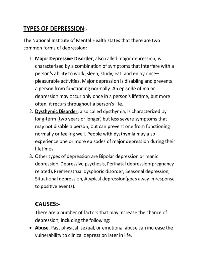 DEPRESSION (Types, Causes, Misdiagnosis and Treatment) | PDF | Major ...