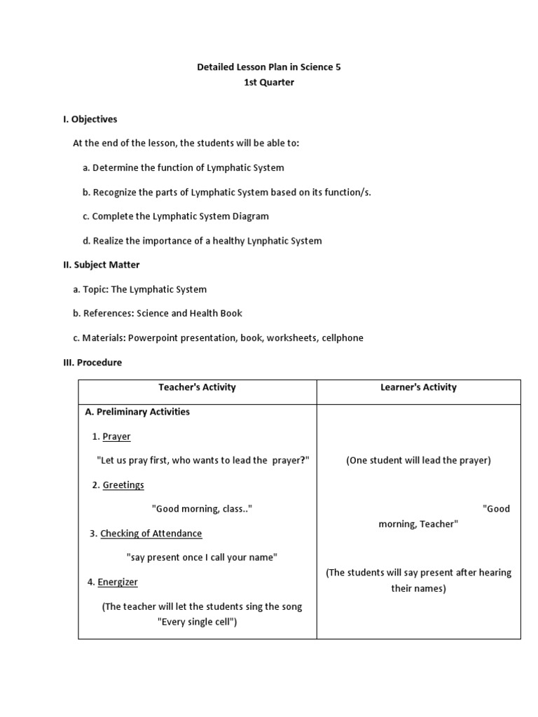 Detailed Lesson Plan in Science 5 1st Quarter | PDF | Lymphatic System ...