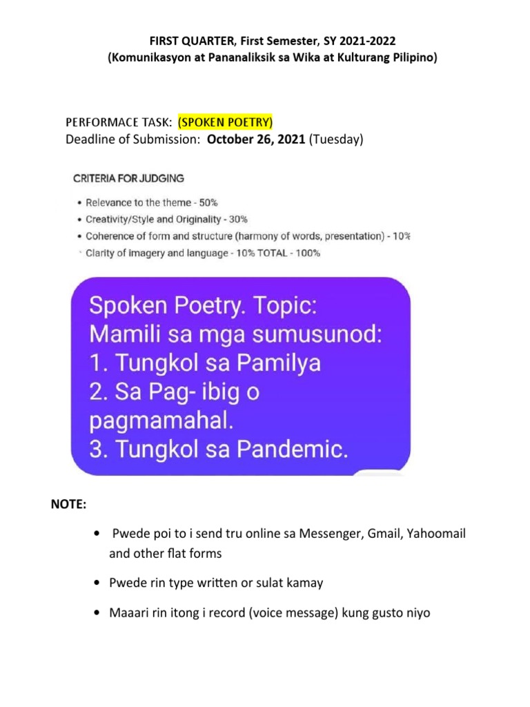 Deadline of Submission: October 26, 2021 (Tuesday) : Performace Task ...