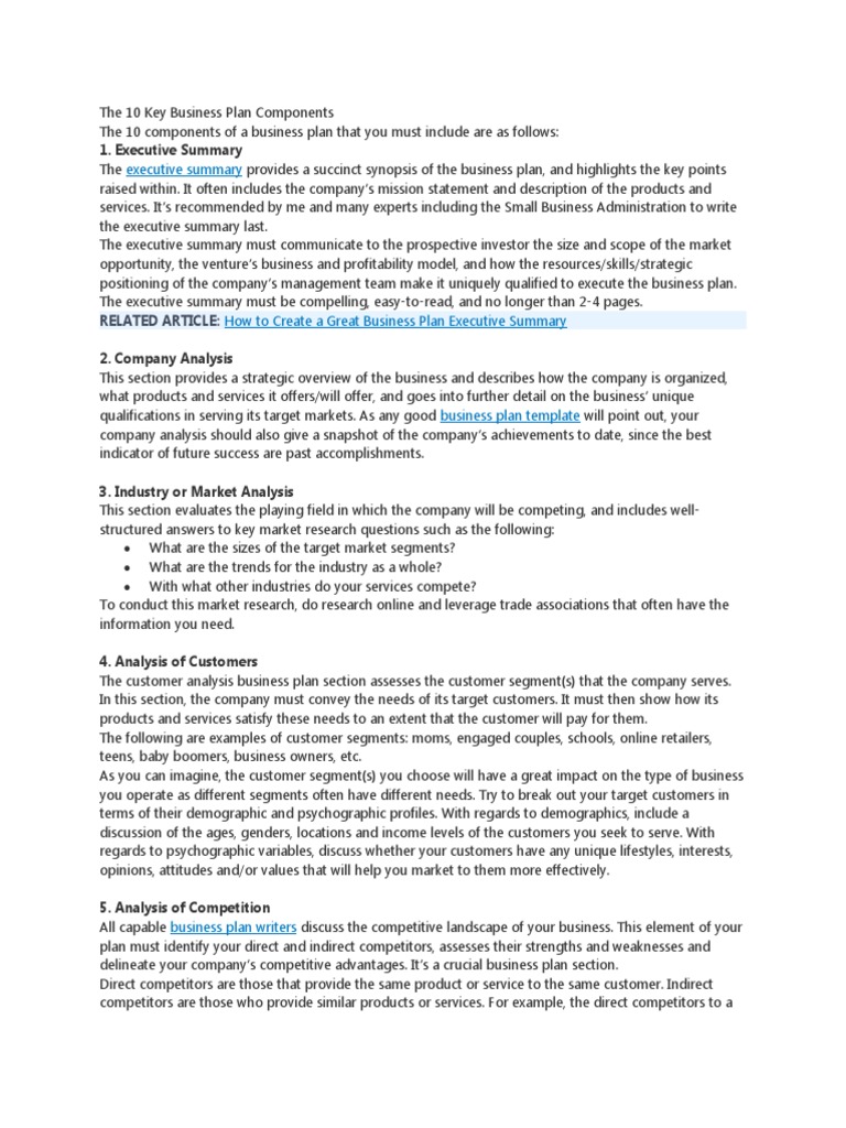 The 10 Key Business Plan Components | PDF | Equity (Finance) | Marketing
