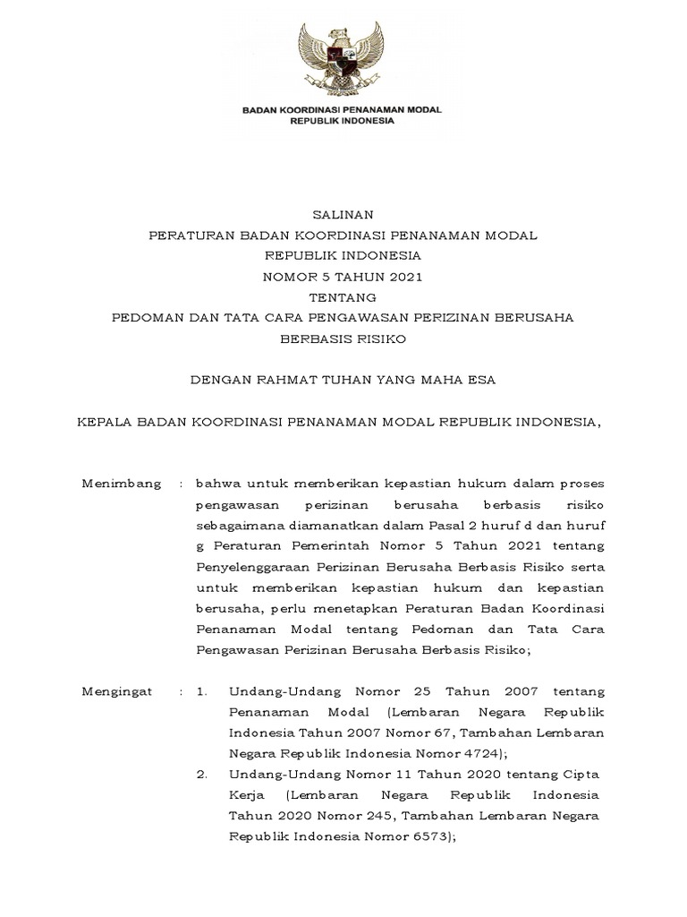 Perka BKPM Nomor 5 Tahun 2021 | PDF