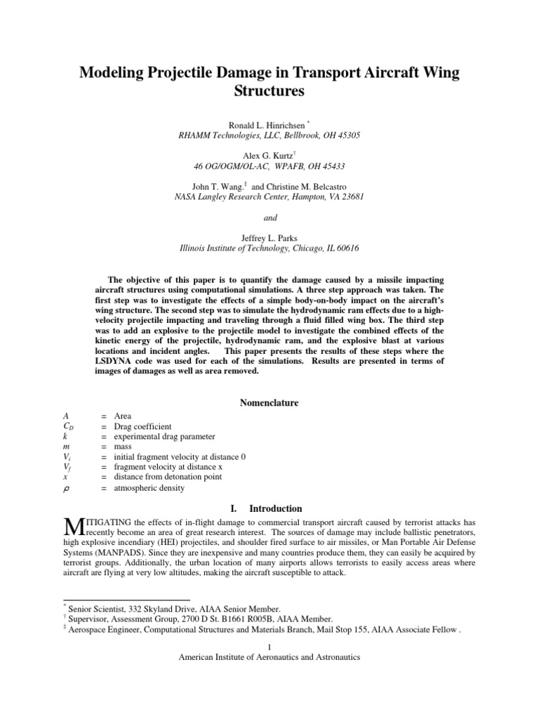 Projectile Damage Modeling in Aircraft Wings | PDF | Projectiles | Drag ...