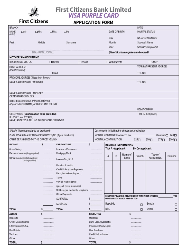 Visa Purple Card: Application Form | PDF | Finance & Money Management ...