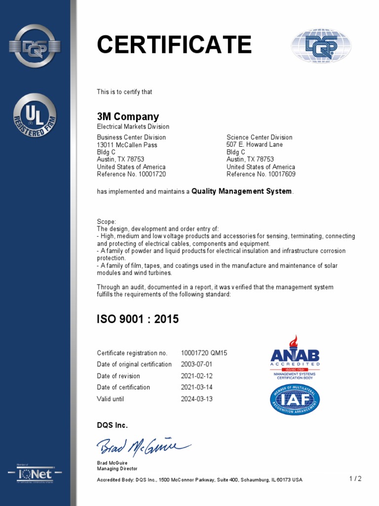 3M ISO 9001 Certification Details | PDF | Iso 9000 | Electricity