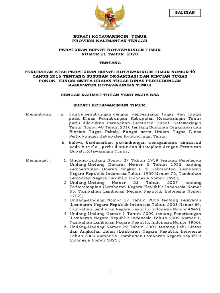 Perbup Kotim No 21 THN 2020 TTG Perub Perbup Nomor 40 Tahun 2016 SOTK ...